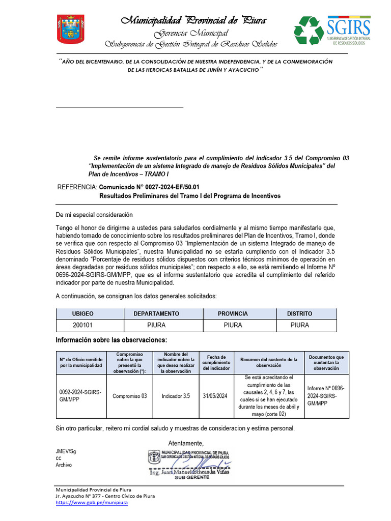 PROYECTO DE OFICIO PARA REMITIR INFORME SUSTENTARORIO DE CUMPLIMIENTO DE META | PDF