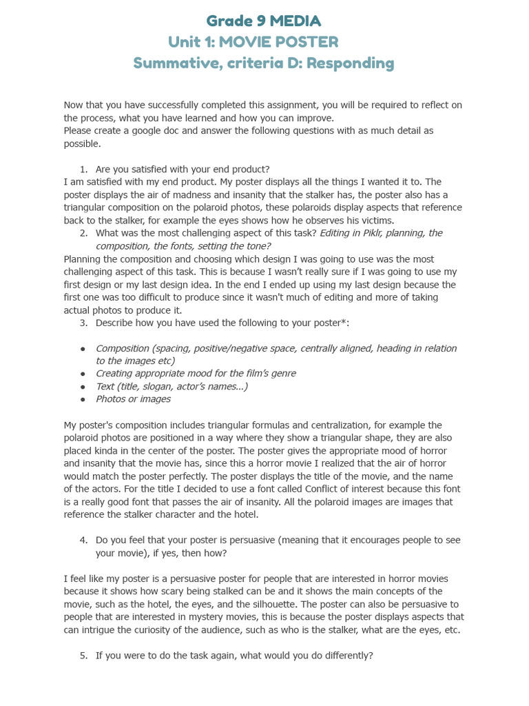 Grade 9 MEDIA - POSTER RESPONDING TASK | PDF
