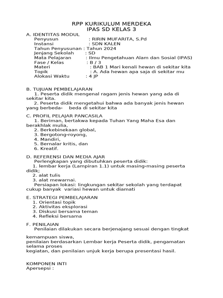 RPP Kurikulum Merdeka B Ririn | PDF
