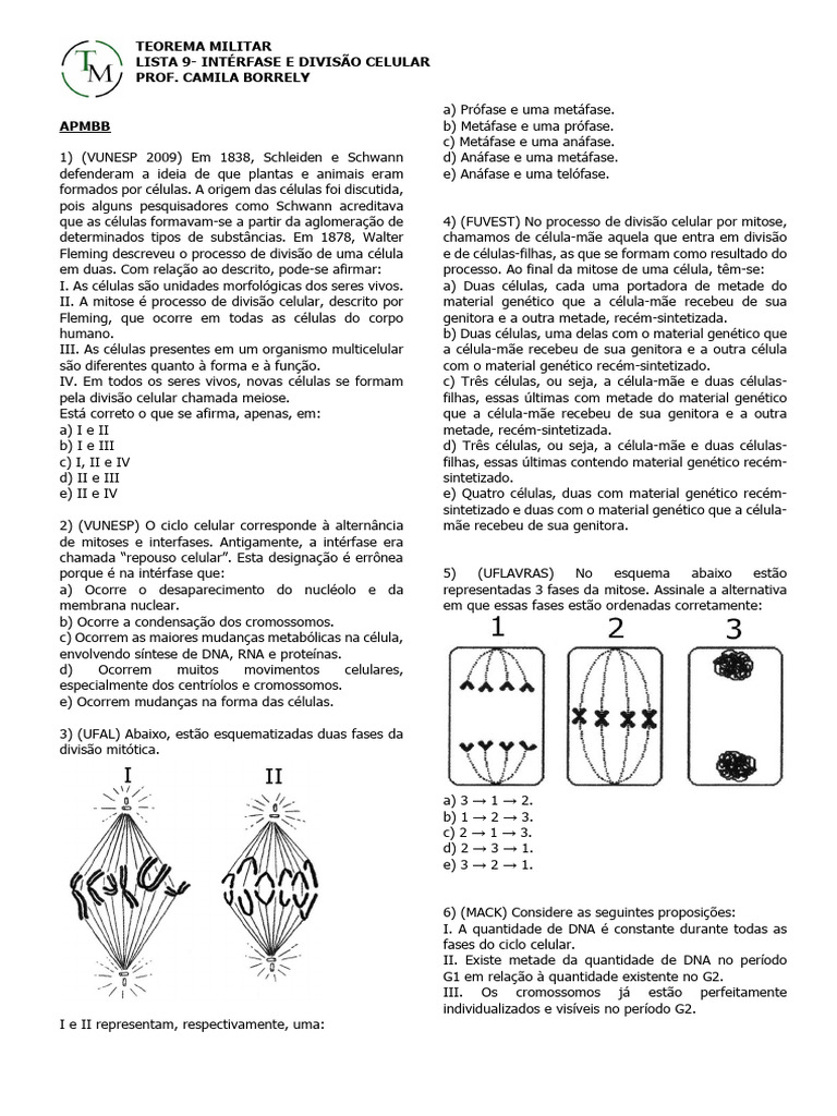 Lista 9 Intérfase e Ciclo Celular | PDF | Mitose | Meiose