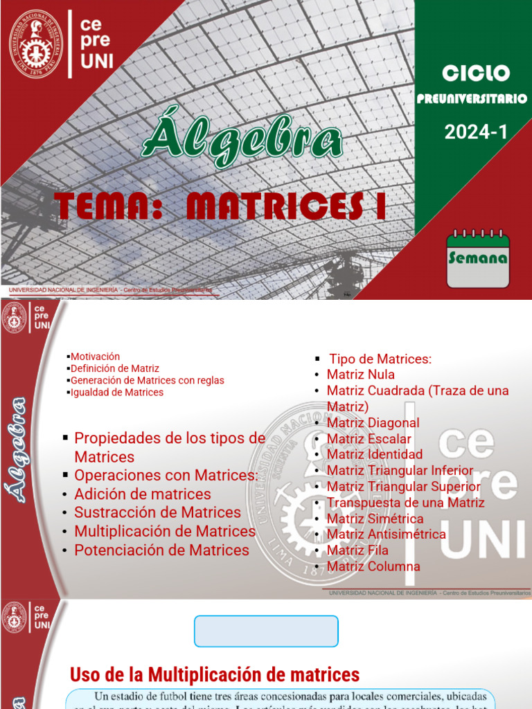 Clase 13-1 2024-1 MATRICES - ALGEBRA - UNI | PDF | Matriz (Matemáticas ...