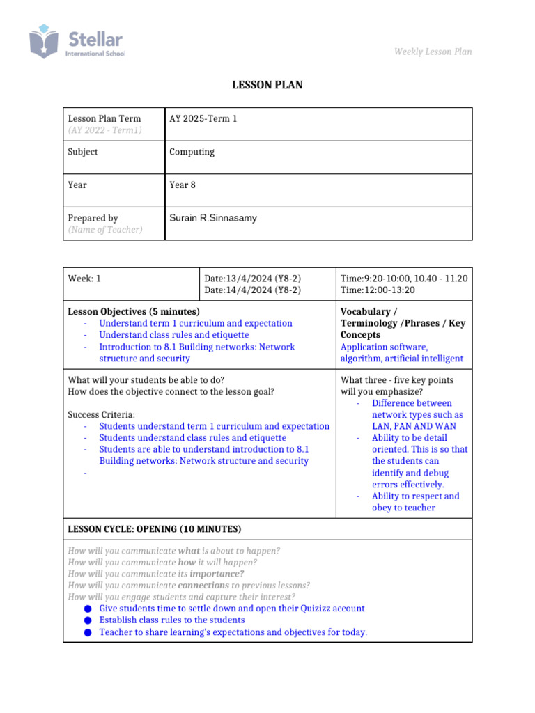Year 8 Computing Lesson Plan | PDF | Lesson Plan | Pedagogy