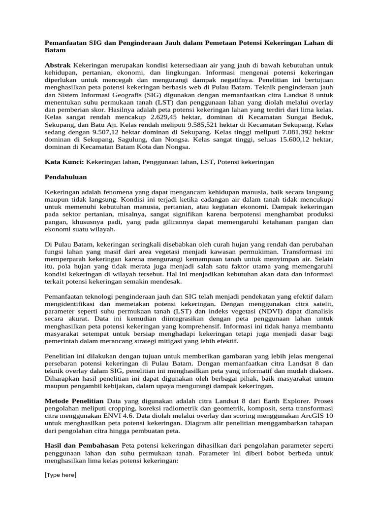 Pemanfaatan SIG Dan Penginderaan Jauh Dalam Pemetaan Potensi Kekeringan Lahan Di Batam | PDF