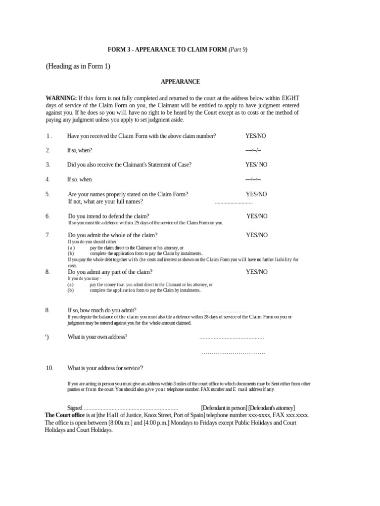 Claim Form Appearance Instructions | PDF | Affidavit | Common Law