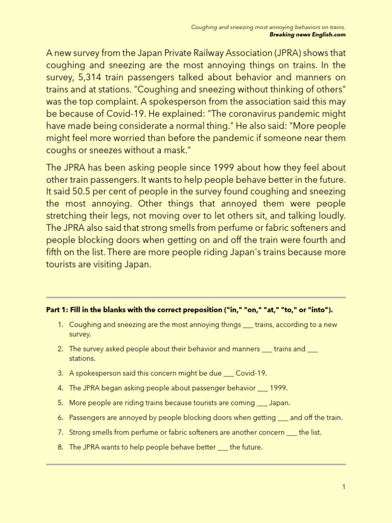 Reading Comprehension and Voc Exercises. MC3 - Coughing and Sneezing ...