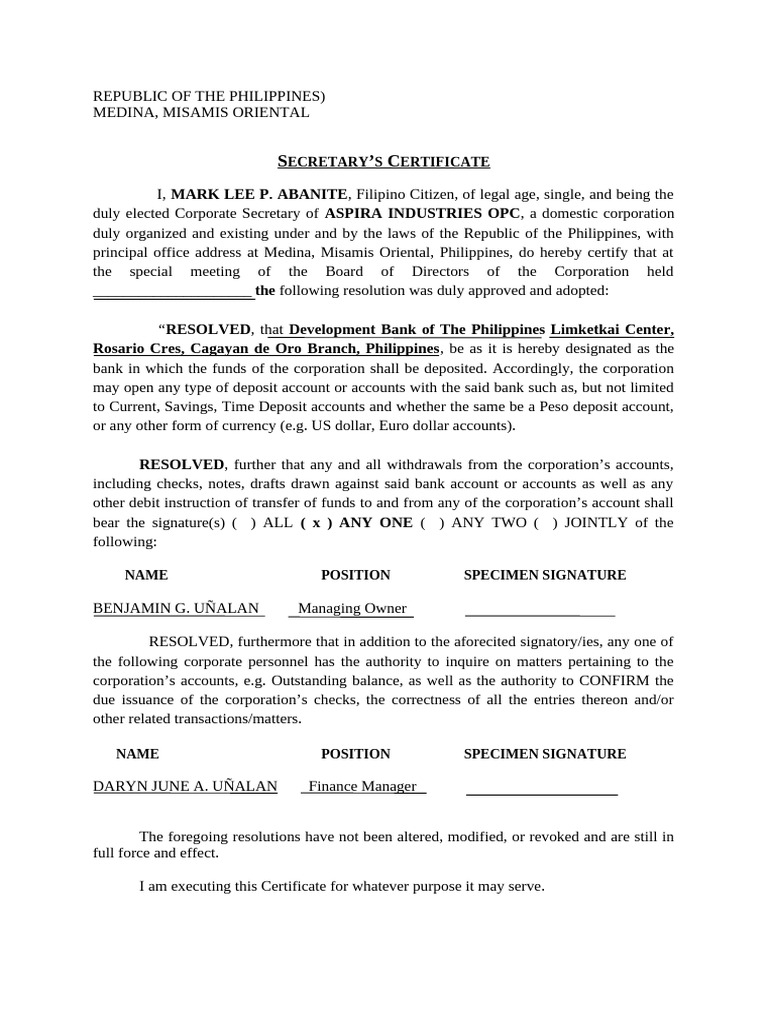 Secretary's Certificate for Aspira Industries | PDF | Banks | Banking