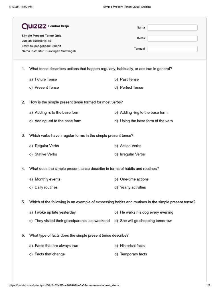 Simple Present Tense Quiz _ Quizizz | PDF | Grammatical Tense | Verb