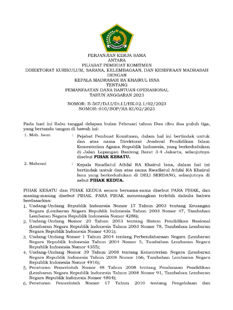 Perjanjian Kerja Sama RA KHAIRUL ISNA | PDF