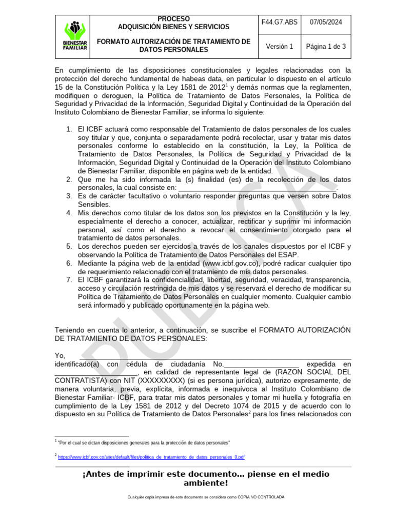 F44.g7.abs Formato Autorizacion Tratamiento Datos Personales v1 | PDF ...