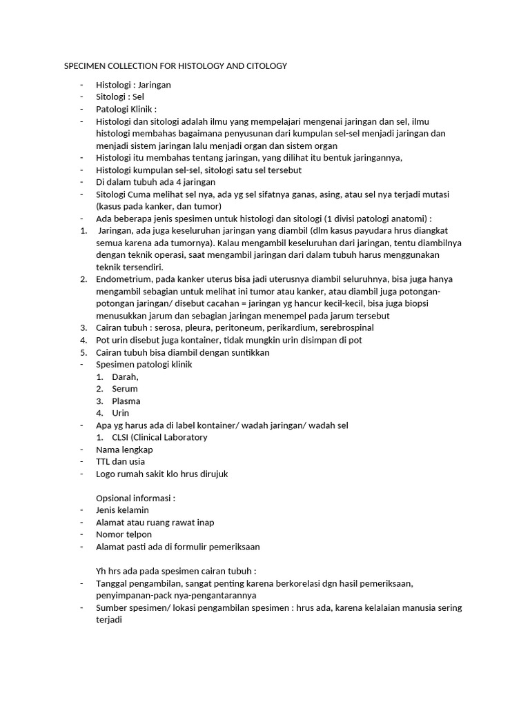 Specimen Collection For Histology and Citology - Bu Wiwin | PDF