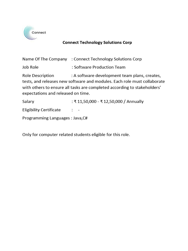 Software Development Team Roles at Connect | PDF