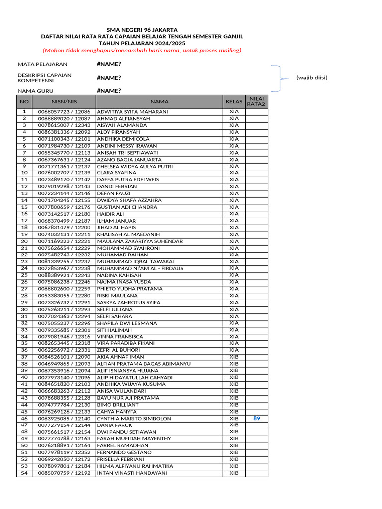 NILAI RT2 HARIAN KELAS XI MAPEL PAK - TENGAH SEMESTER GANJIL 2024 | PDF