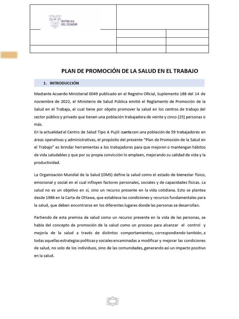 1PLAN DE ACCION CENTRO DE SALUD TIPO A PUJILI COMITE ACTIVATE Y VIVE ...