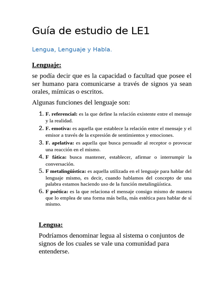 Guía de estudio de LE1 | PDF
