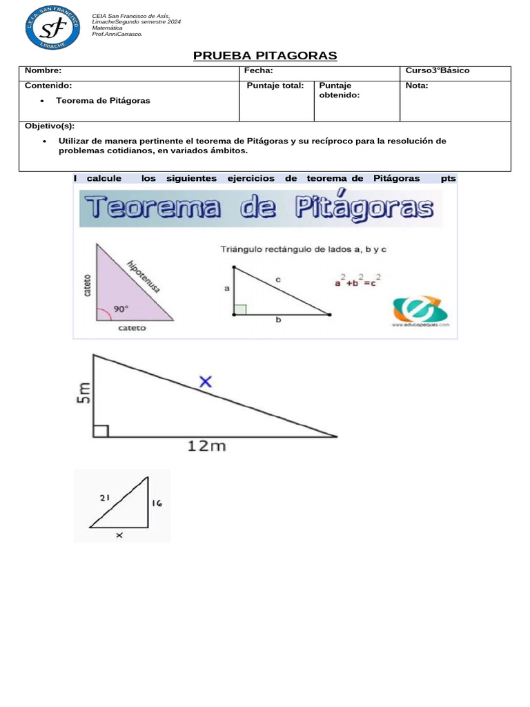Prueba de Teorema de Pitágoras 3° Básico | PDF