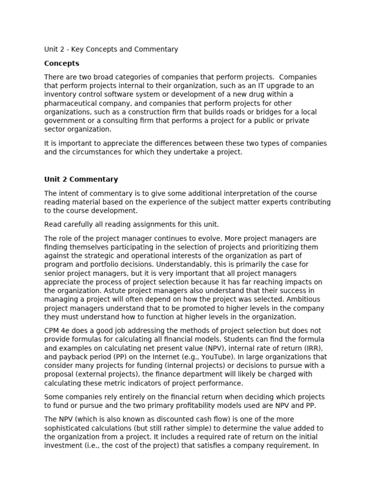 Unit 2 - Key Concepts and Commentary | PDF | Net Present Value ...