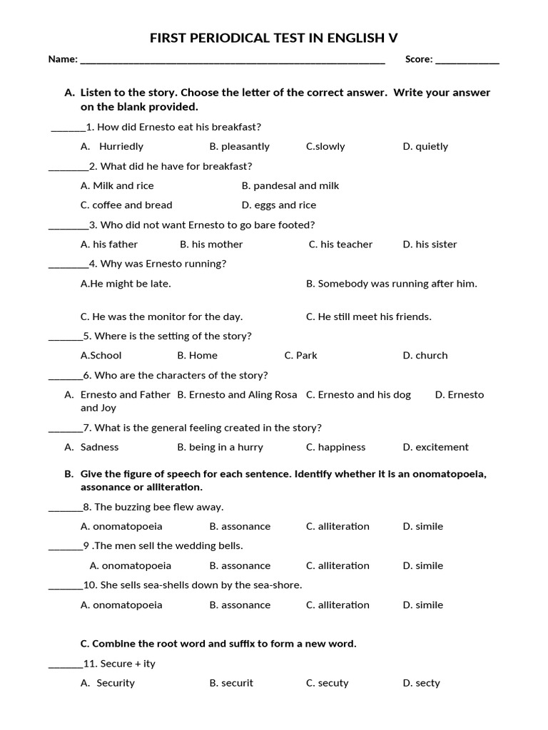 Grade 5 First Periodical Test in English | PDF