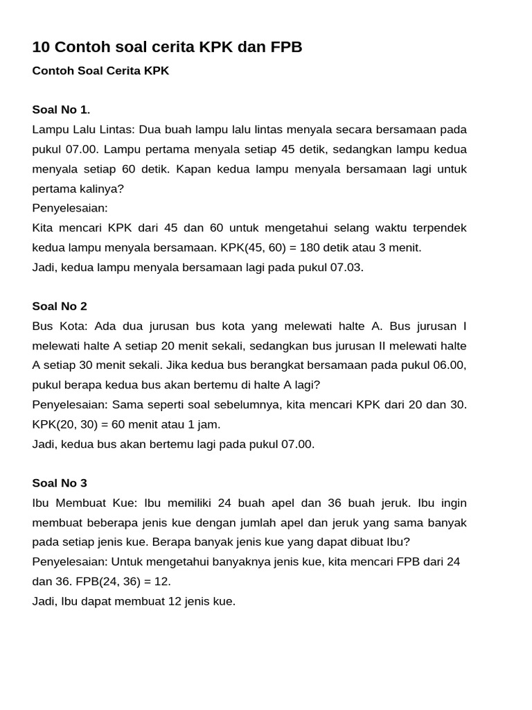 10 Contoh Soal Cerita KPK Dan FPB | PDF