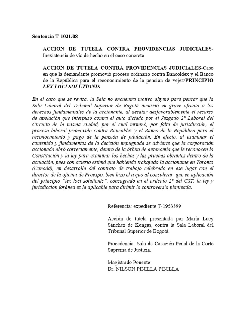 Sentencia T-1021 Del 2.008. Lex Loci Solutionis | PDF | Caso de ley ...