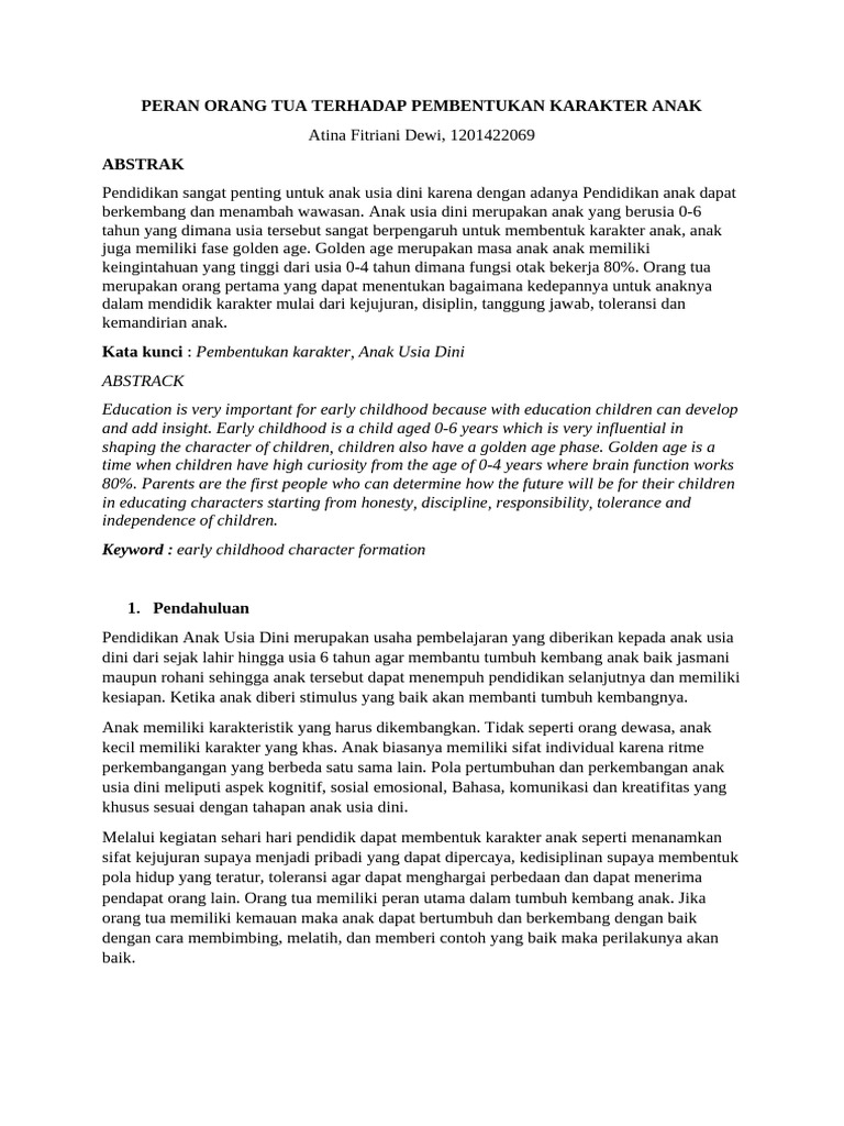 PERAN ORANG TUA TERHADAP PEMBENTUKAN KARAKTER ANAK | PDF