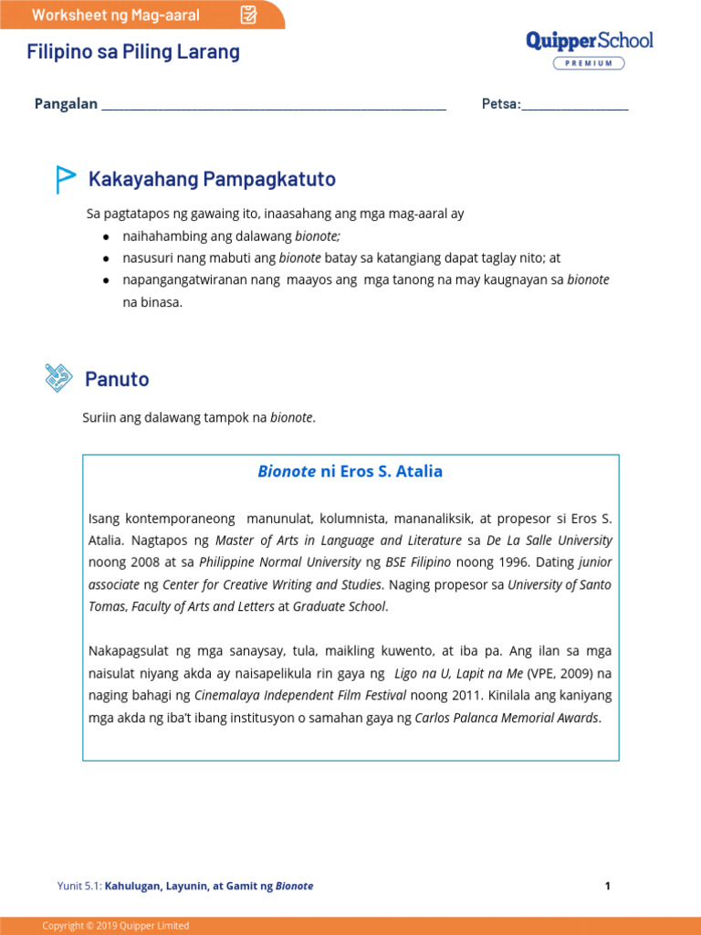 AW2 - FPL 11 - 12 Q1 0501 - Kahulugan, Layunin, at Gamit NG Bionote | PDF