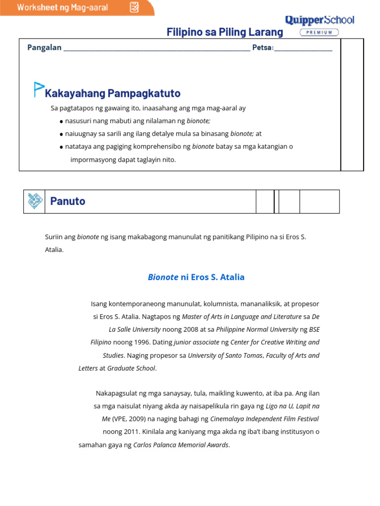 AW1 - FPL 11 - 12 Q1 0501 - Kahulugan, Layunin, at Gamit NG Bionote | PDF