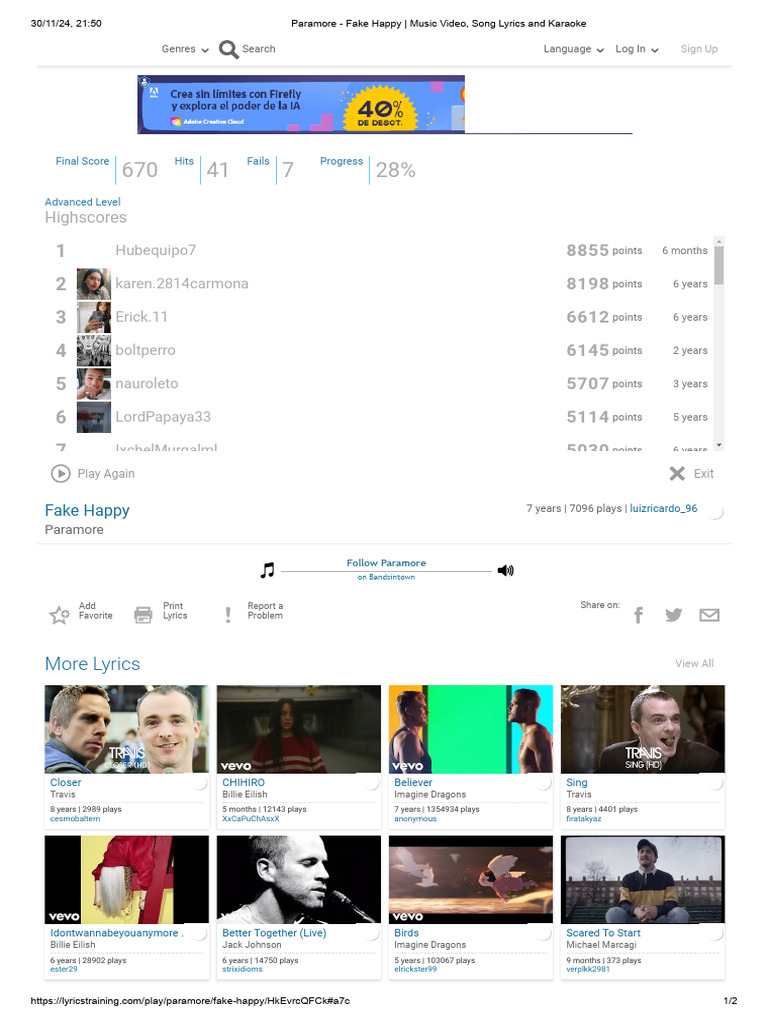 Paramore - Fake Happy - Music Video, Song Lyrics and Karaoke | PDF ...