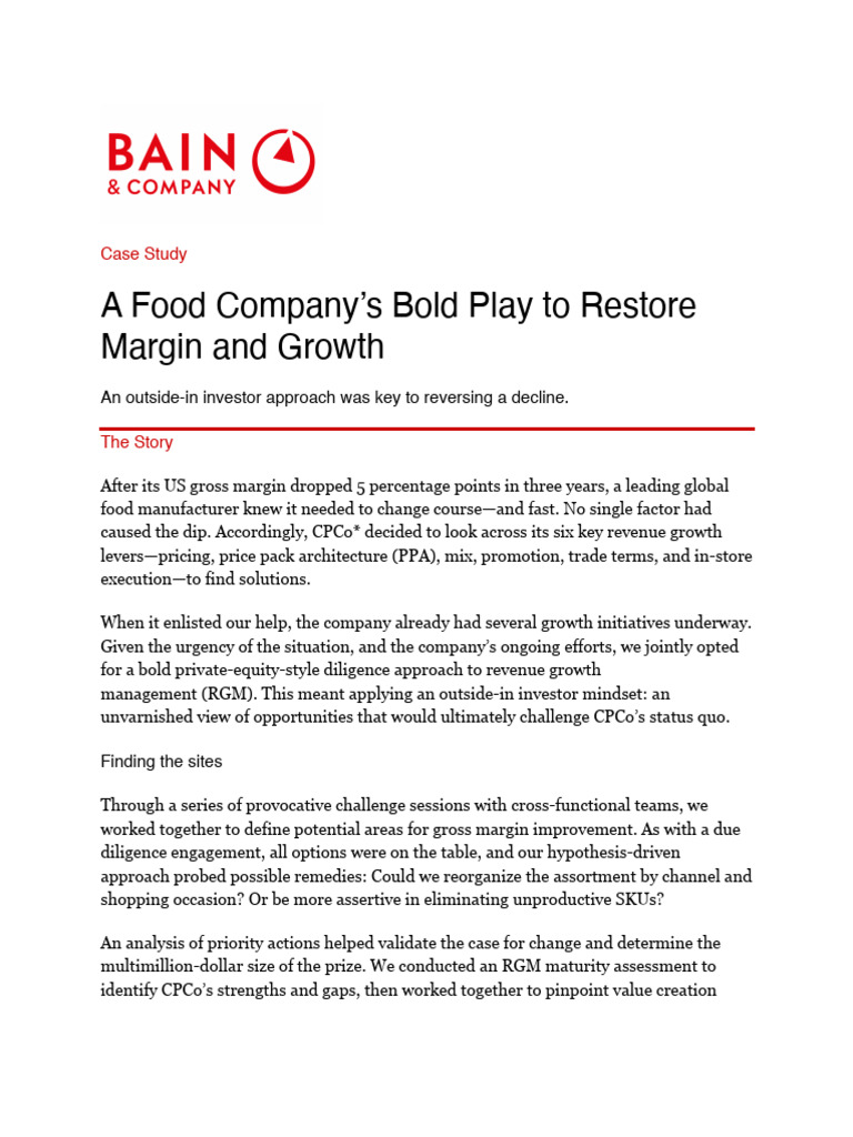 Bain - A Food Companys Bold Play To Restore Margin and Growth | PDF ...