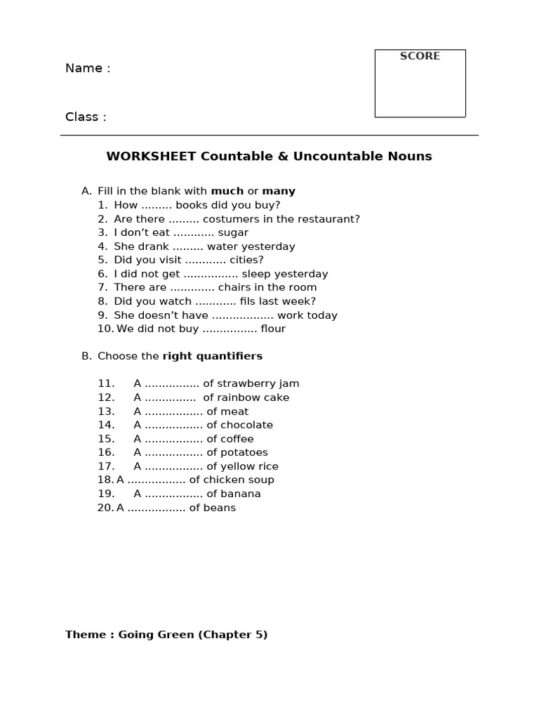 Worksheet Countable Uncountable Nouns | PDF