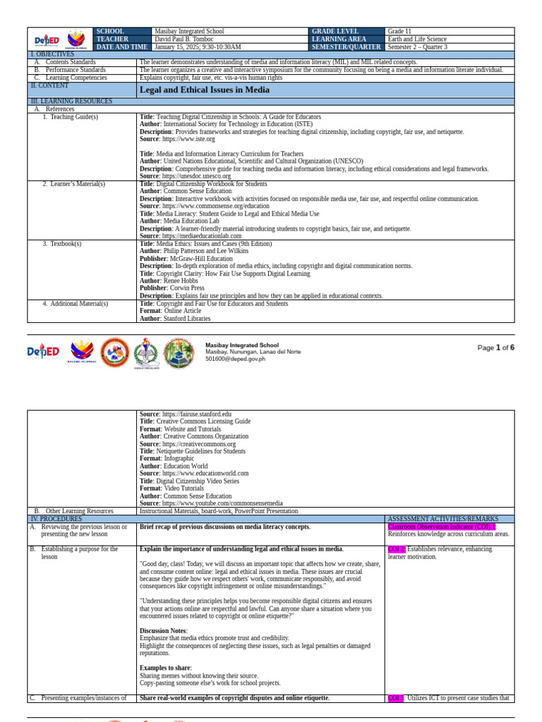 COT 7E Lesson Plan - MIL - Q3 - Legal and Ethical Issues in Media | PDF ...