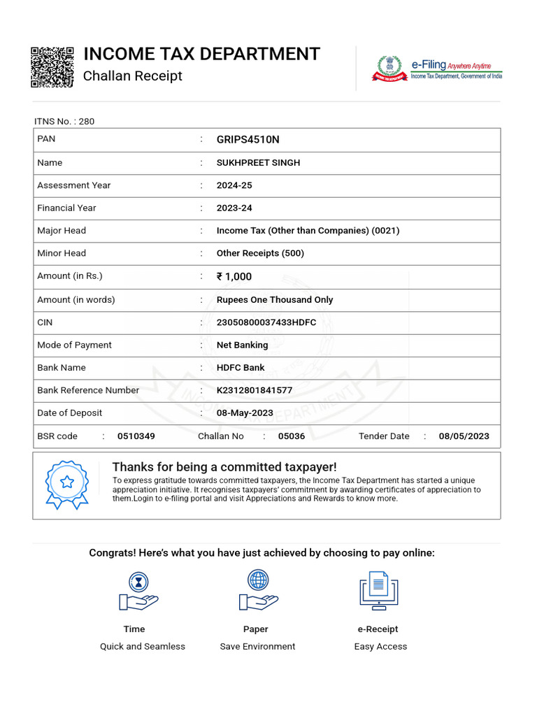 Income Tax Challan Receipt 2023-24 | PDF