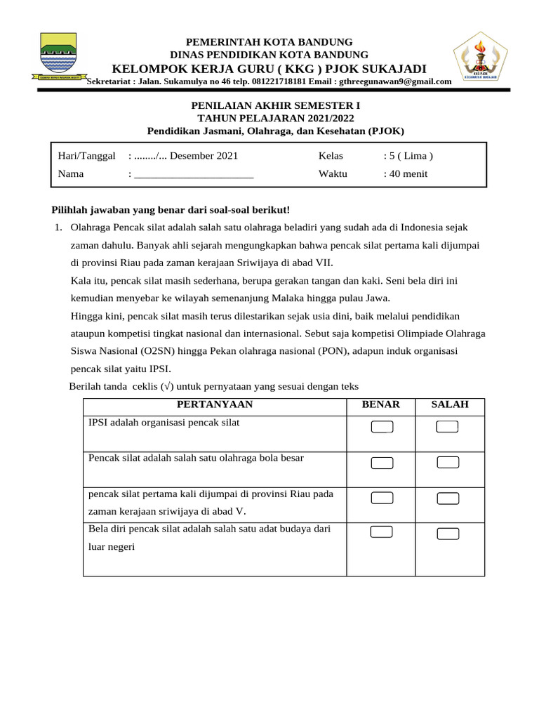 SOAL AKM PAS PJOK KLS 5 DARURAT SM 1 FIX | PDF