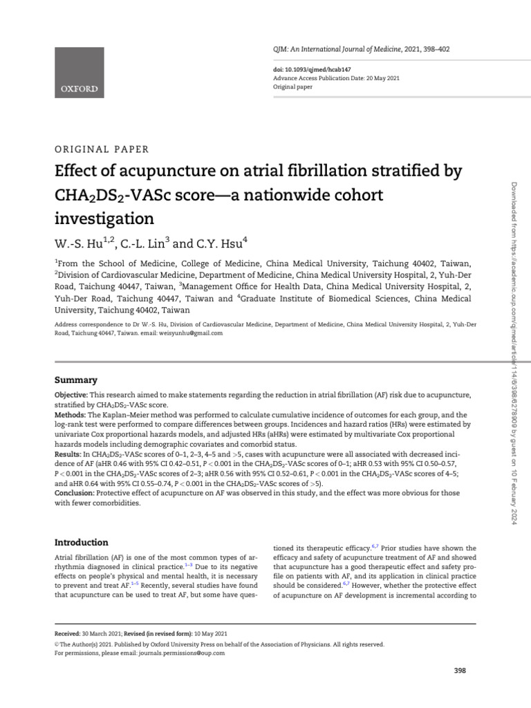 Effect of Acupuncture On Atrial Fibrillation Stratified by CHA2DS2-VASc ...