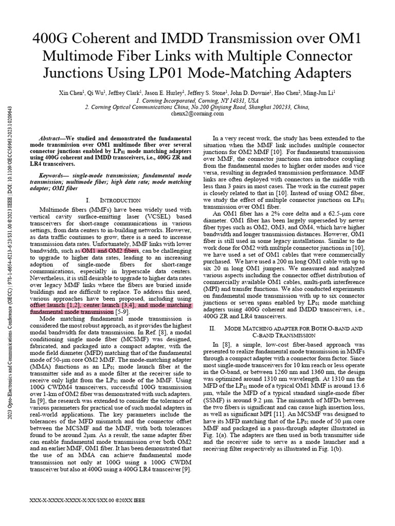 400G Coherent and IMDD Transmission Over OM1 Multimode Fiber Links With ...