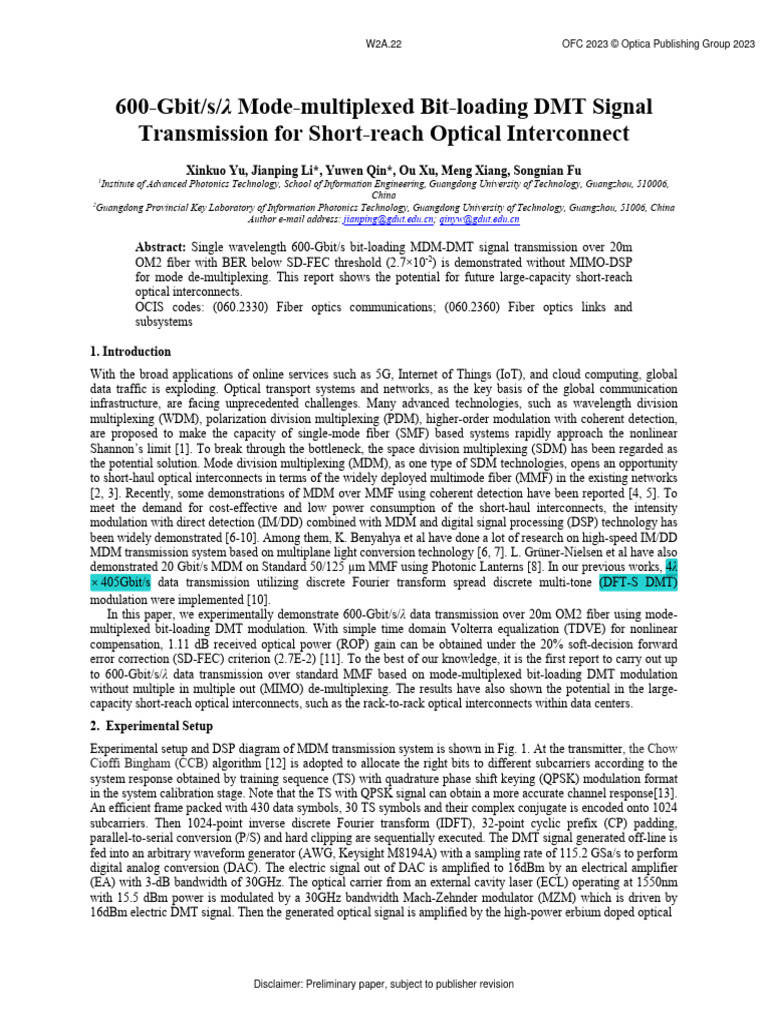 600-Gbit S Mode-Multiplexed Bit-Loading DMT Signal Transmission For Short-Reach Optical ...
