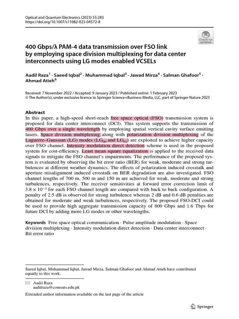 400 Gbpsλ PAM-4 data transmission over FSO link by employing space division multiplexing for ...