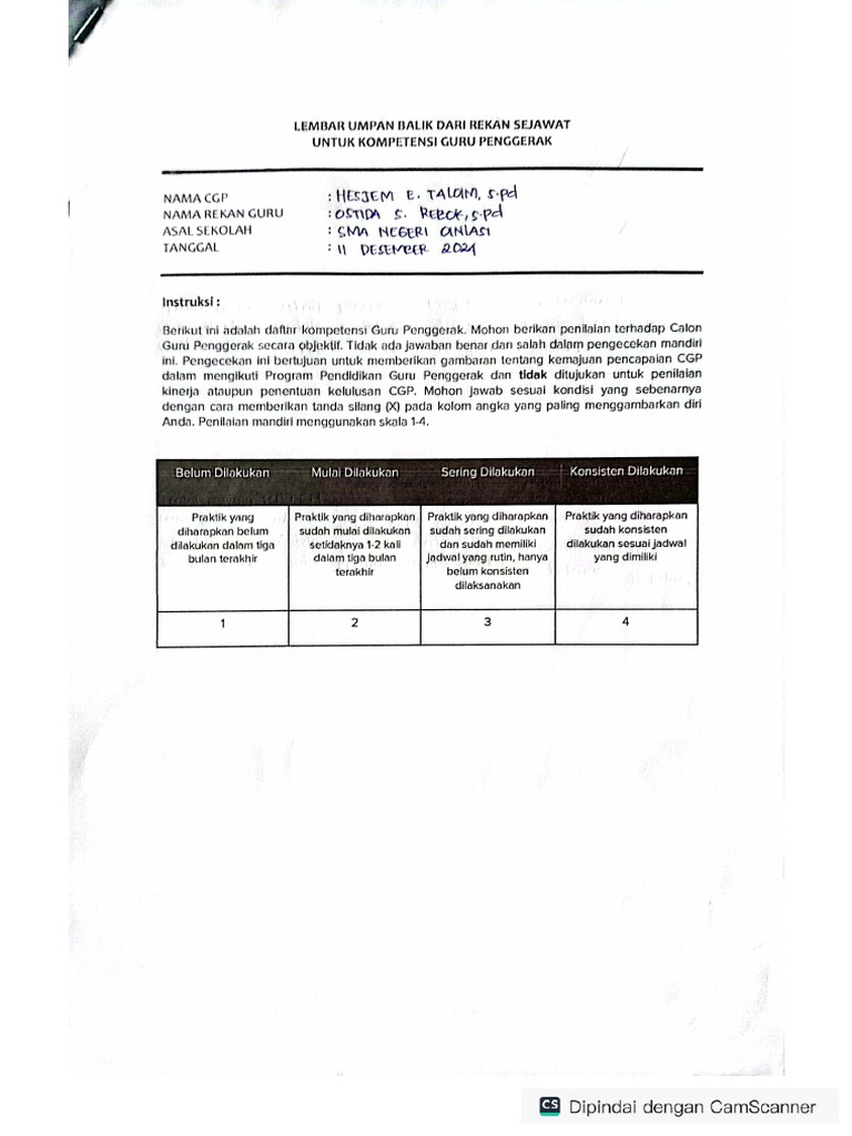 Lembar Umpan Balik Dari Rekan Sejawat Untuk Kompetensi Guru Penggerak | PDF