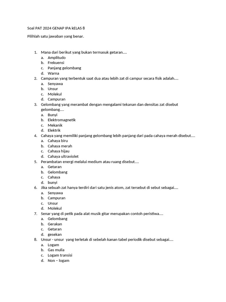 Kisi2 Soal PAT Ipa 2024 | PDF