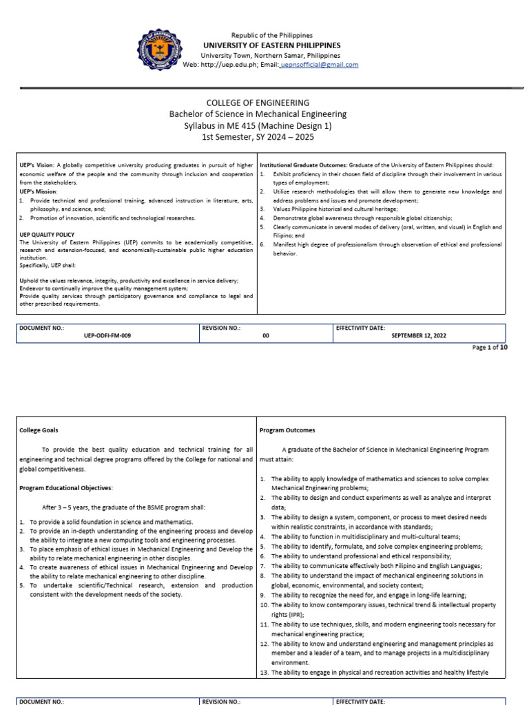 ME 415 Machine Design 1 Syllabus | PDF | Engineering | Stress (Mechanics)