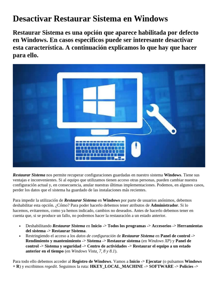 Cómo desactivar Restaurar Sistema en Windows | PDF