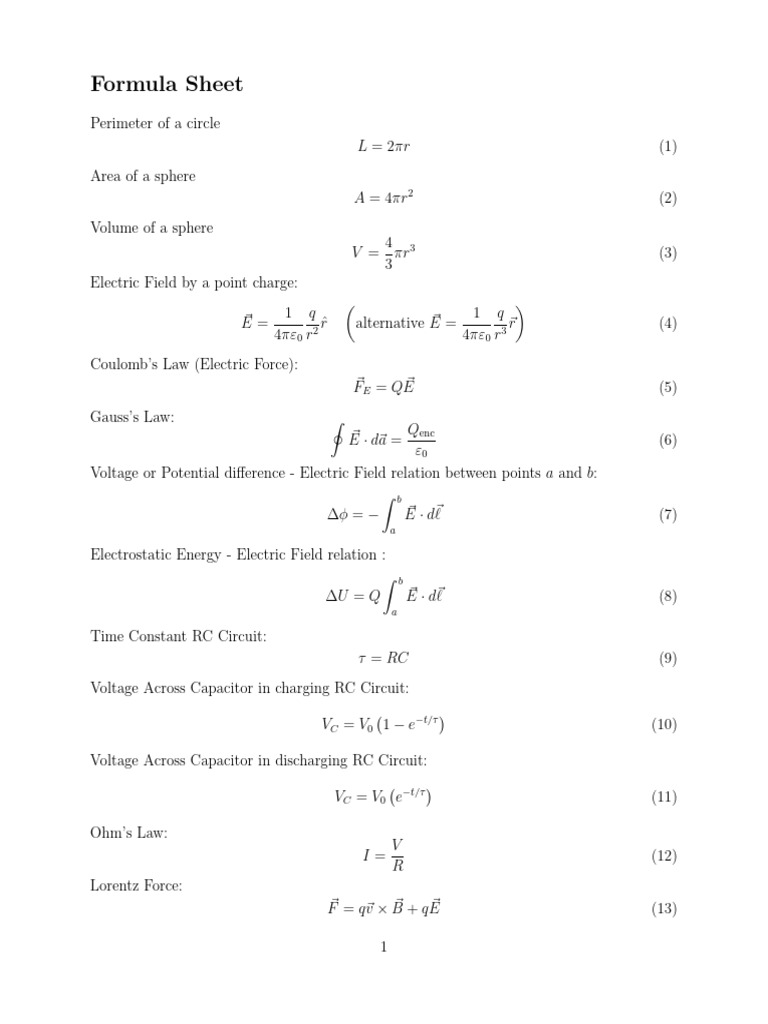 Formula Sheet | PDF | Capacitor | Voltage