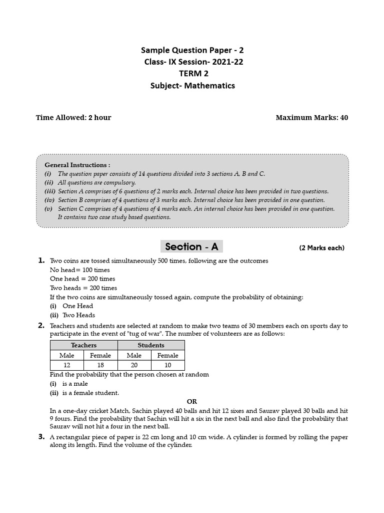 Class 9 Maths Term 2 Sample Paper | PDF | Circle | Probability