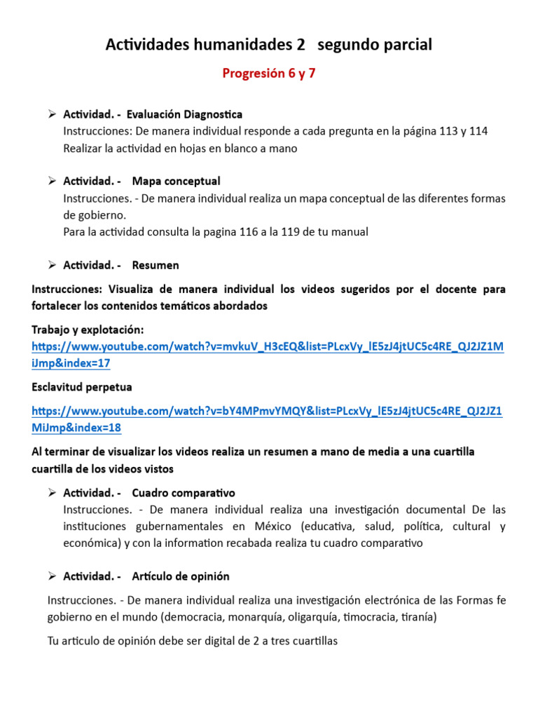 Actividades Progresion 6 y 7 Humanidades Segundo Parcial | PDF