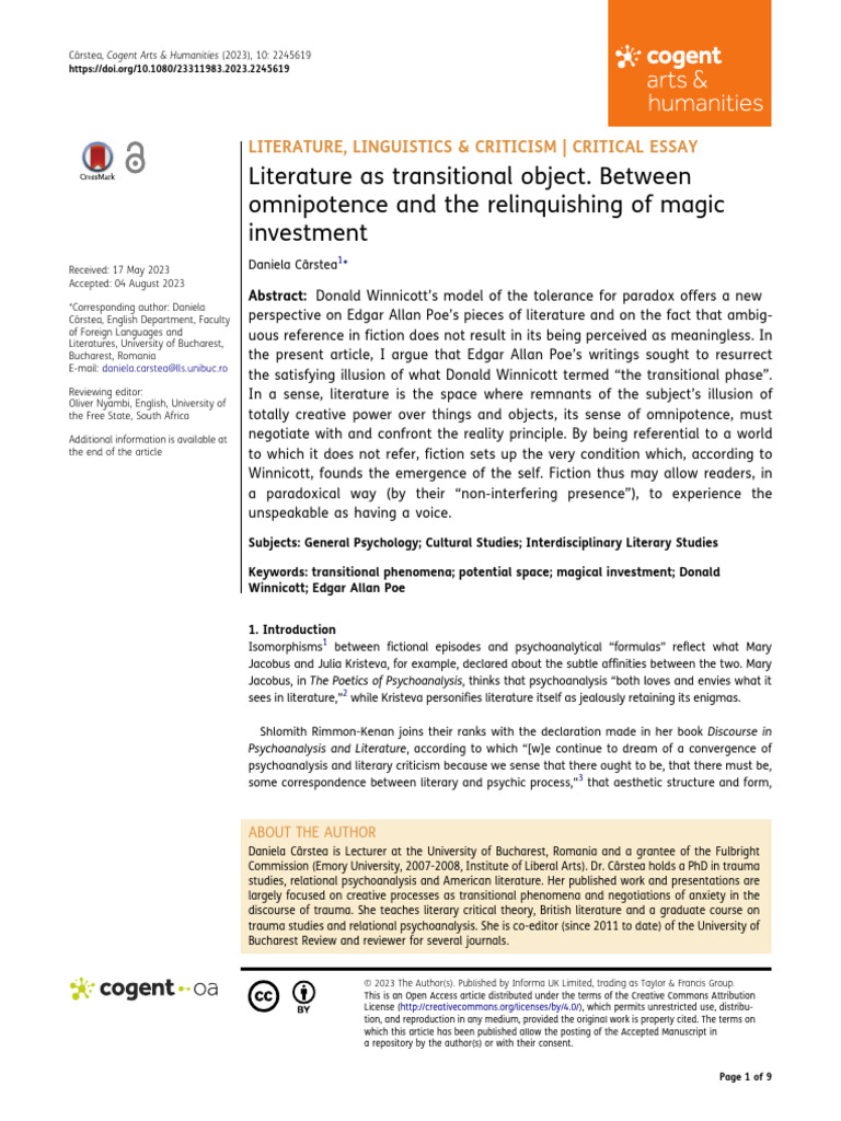 Literature As Transitional Object (2023) | PDF | Reality | Edgar Allan Poe