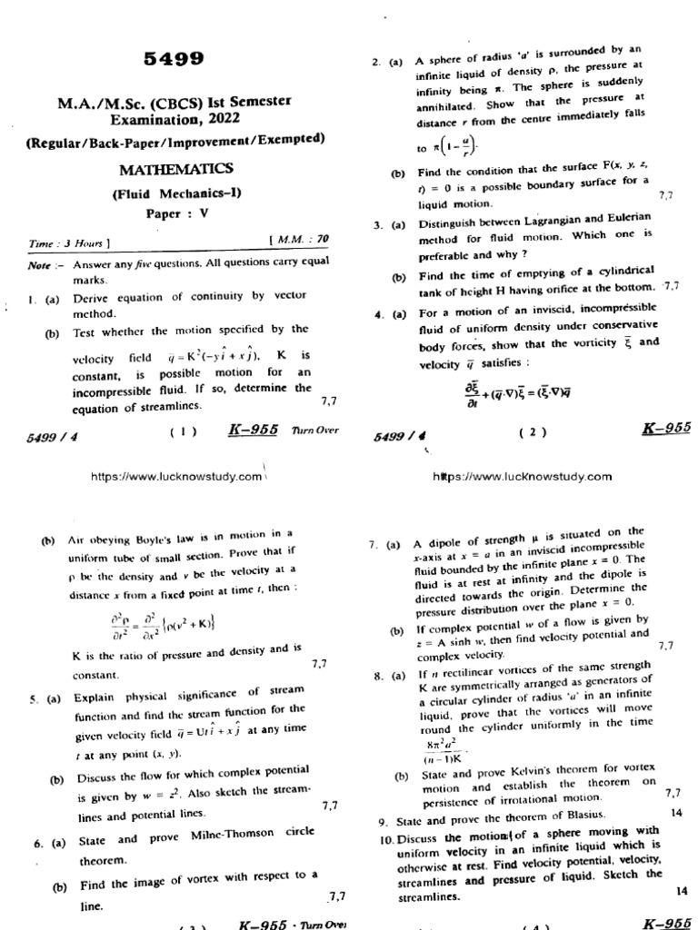 Ma MSC 1 Sem Mathematics Fluid Mechanics 1 5499 2022 | PDF