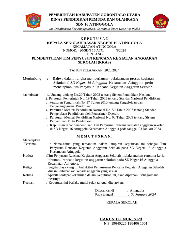 SK TIM Penyusun RKAS - RKS - 2024 | PDF