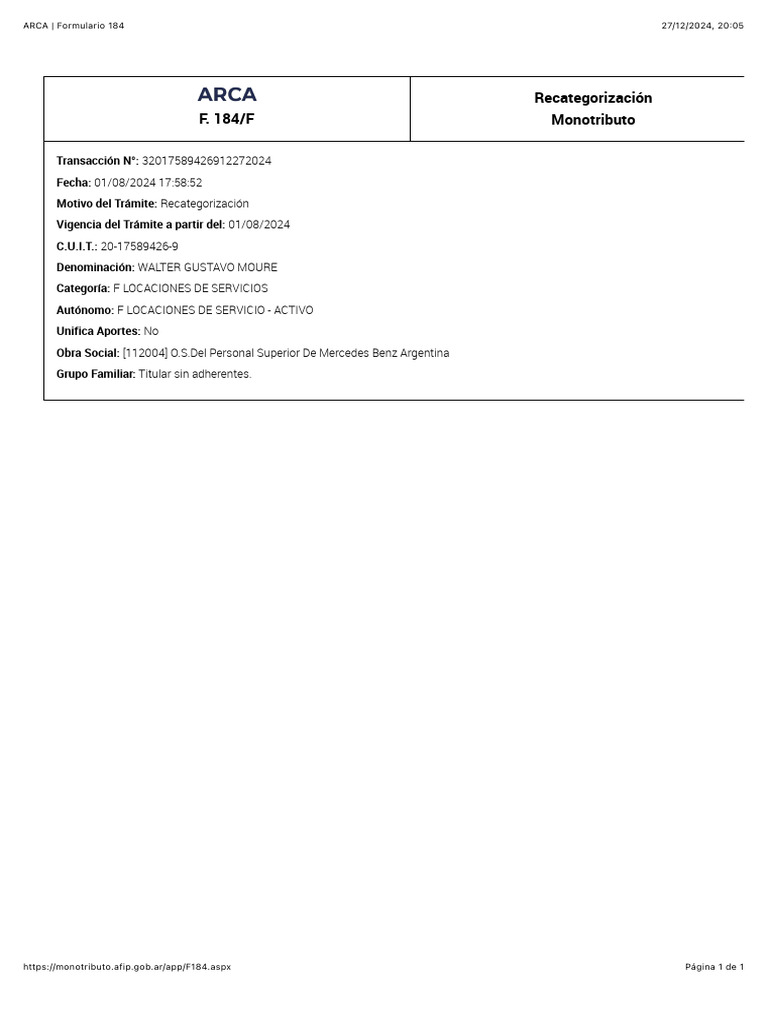 ARCA - Formulario 184 | PDF