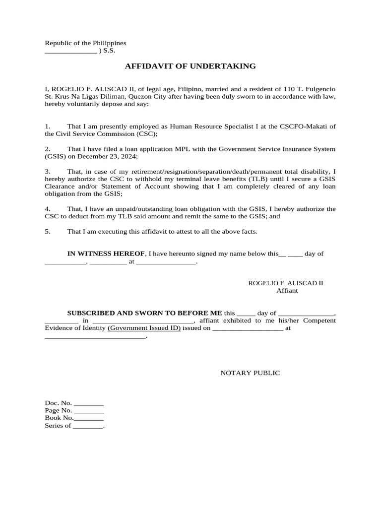 Affidavit of Undertaking GSIS Loan | PDF