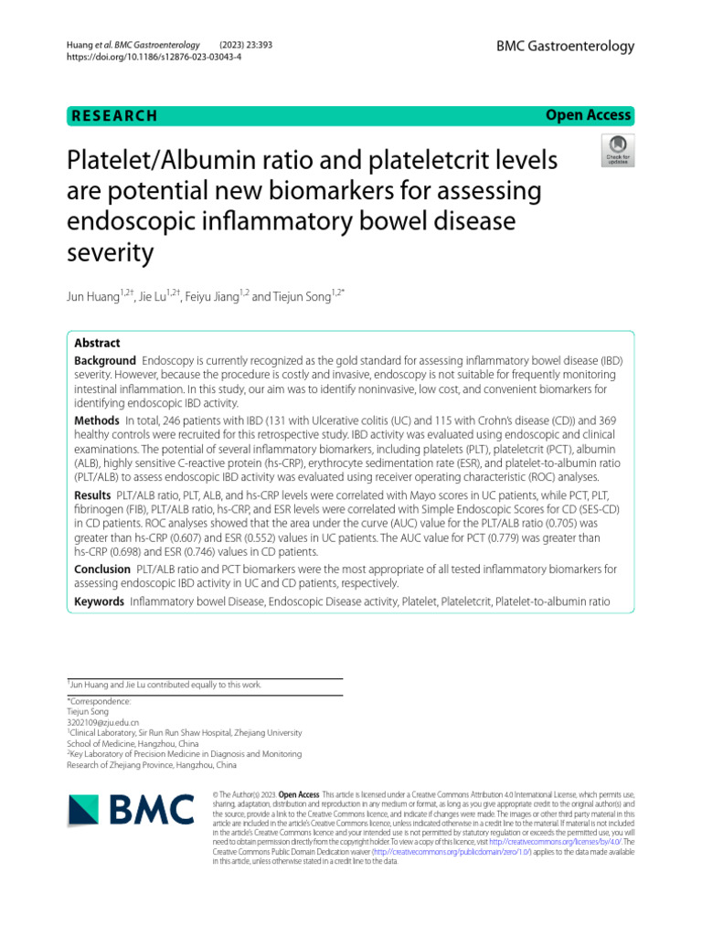 Platelet Albumin Ratio and Plateletcrit Levels For IBD | PDF ...