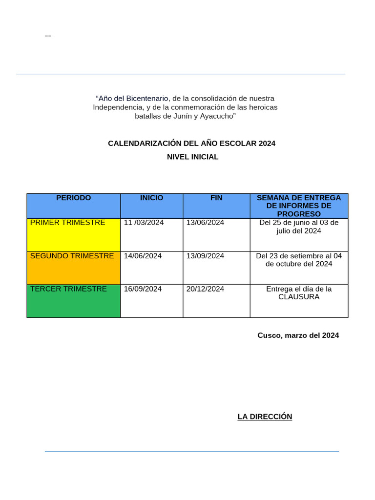 INICIAL_CALENDARIZACIÓN DEL AÑO ESCOLAR 2024 | PDF